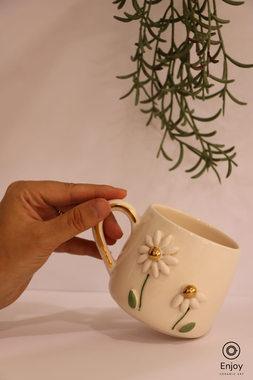 Double Daisy Ceramic Mug - 10oz with Gold Handle – Enjoy Ceramic Art