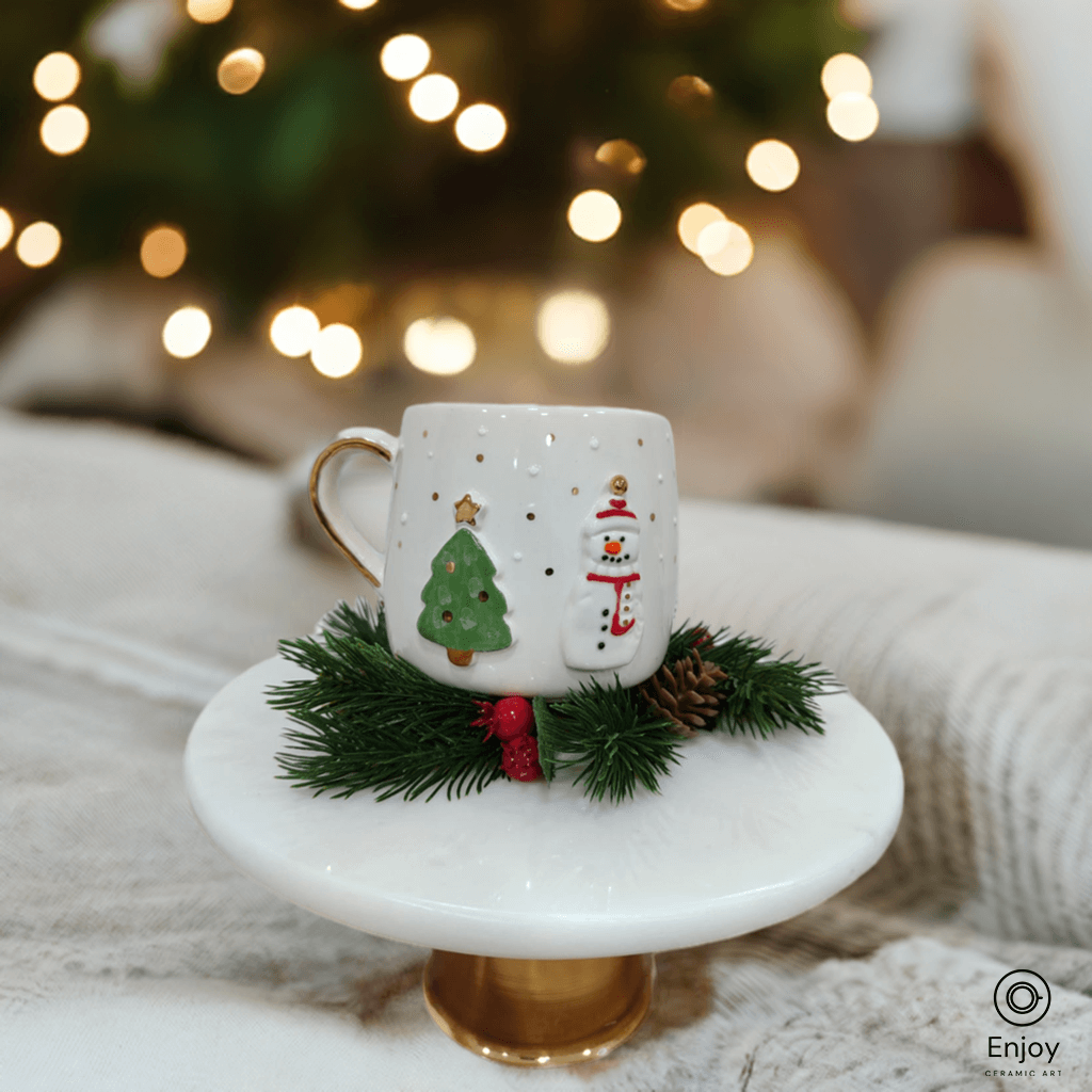 Handmade Snowman and Christmas Tree Ceramic Mug -Festive Christmas Cup ...